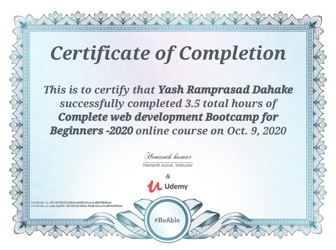 Yash Dahake on LinkedIn: Udemy Course Completion Certificate Yash Dahake on LinkedIn: Udemy Course Completion Certificate