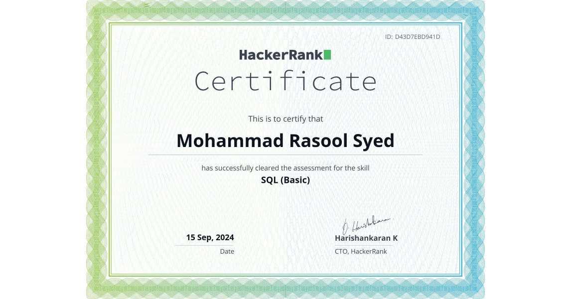 Mohammad Rasool Syed on LinkedIn: HackerRank Skill Certificate Mohammad Rasool Syed on LinkedIn: HackerRank Skill Certificate