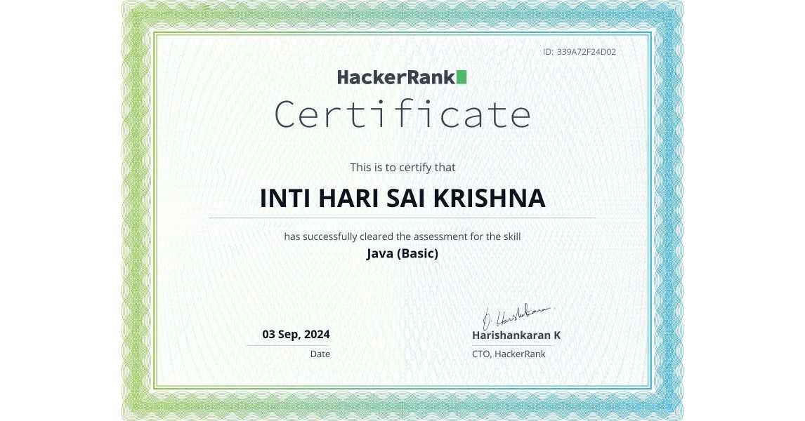 Hari Sai on LinkedIn: HackerRank Skill Certificate Hari Sai on LinkedIn: HackerRank Skill Certificate