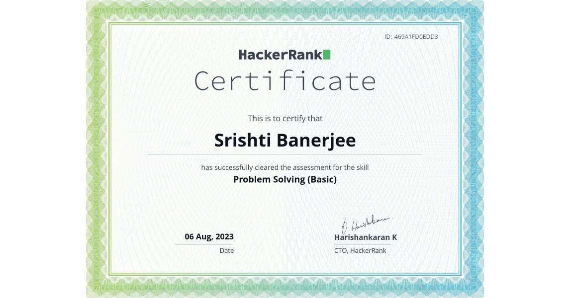 Srishti Banerjee on LinkedIn: HackerRank Skill Certificate Srishti Banerjee on LinkedIn: HackerRank Skill Certificate