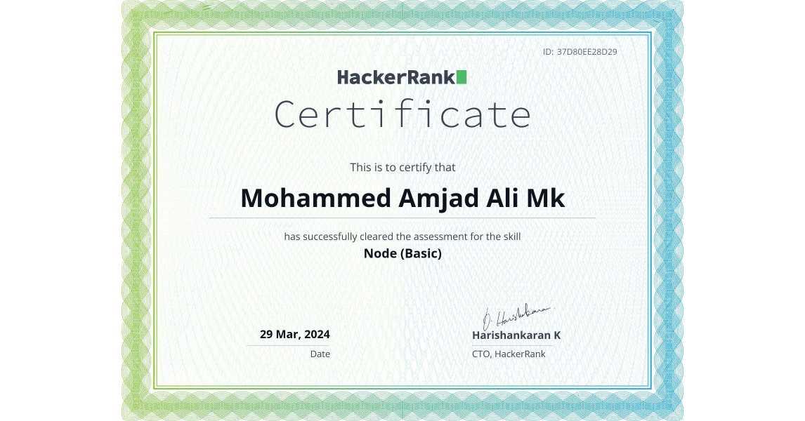 HackerRank Skill Certificate | Mohammed Amjad Ali Mk HackerRank Skill Certificate | Mohammed Amjad Ali Mk