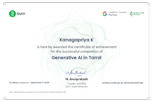 GUVI Certificate | Kanaga Priya GUVI Certificate | Kanaga Priya