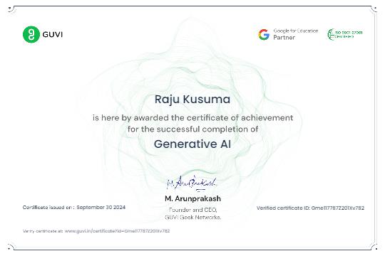 Raju Kusuma on LinkedIn: GUVI Certificate Raju Kusuma on LinkedIn: GUVI Certificate