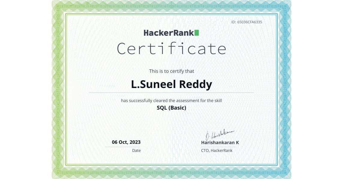 Lekkala Suneel Reddy on LinkedIn: HackerRank Skill Certificate Lekkala Suneel Reddy on LinkedIn: HackerRank Skill Certificate