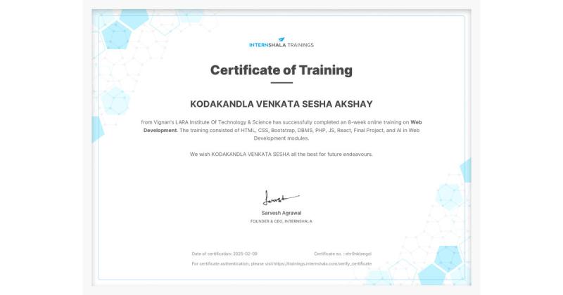 Successfully completed the Web Development training from Internshala ... Successfully completed the Web Development training from Internshala ...