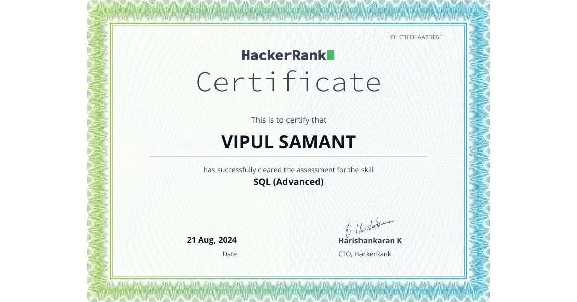 VIPUL SAMANT on LinkedIn: HackerRank Skill Certificate VIPUL SAMANT on LinkedIn: HackerRank Skill Certificate