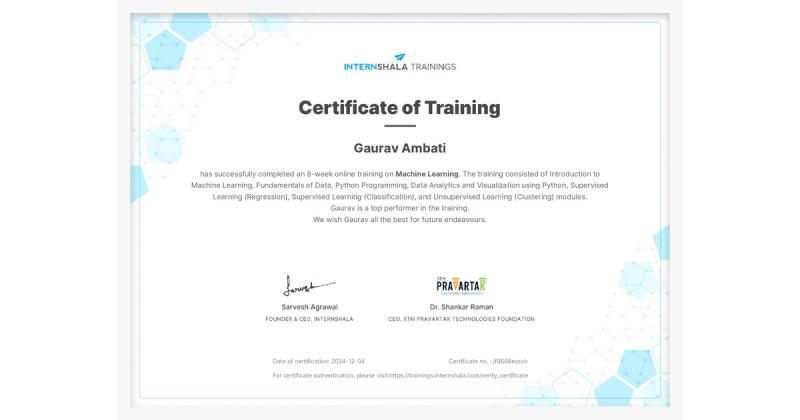 Successfully completed the Machine Learning training from Internshala ... Successfully completed the Machine Learning training from Internshala ...