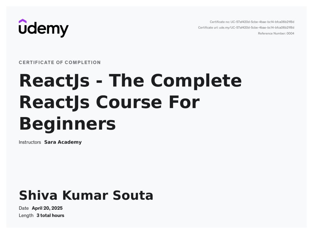 Udemy Course Completion Certificate | SHIVA KUMAR SOUTA Udemy Course Completion Certificate | SHIVA KUMAR SOUTA