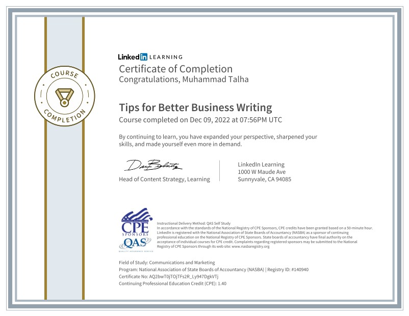 Certificate of Completion | Muhammad Talha Certificate of Completion | Muhammad Talha