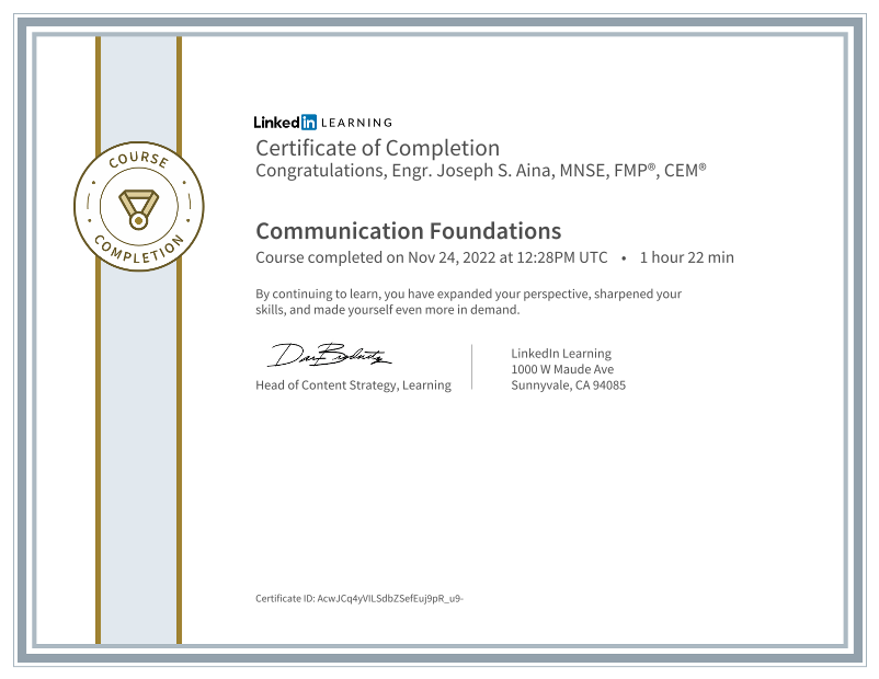Engr. Joseph S. Aina, MNSE, FMP®, CEM® on LinkedIn: Certificate of ... Engr. Joseph S. Aina, MNSE, FMP®, CEM® on LinkedIn: Certificate of ...