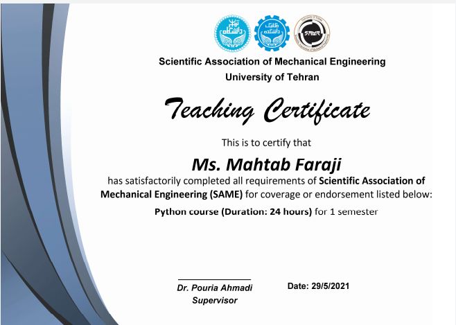 Mahtab Faraji on LinkedIn: #certificate #teaching #pythonprogramming Mahtab Faraji on LinkedIn: #certificate #teaching #pythonprogramming