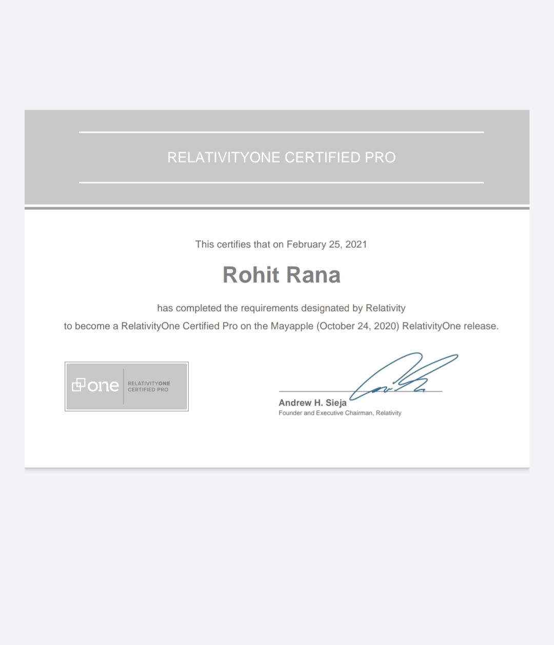 First Relativity Certification. | Rohit Rana First Relativity Certification. | Rohit Rana