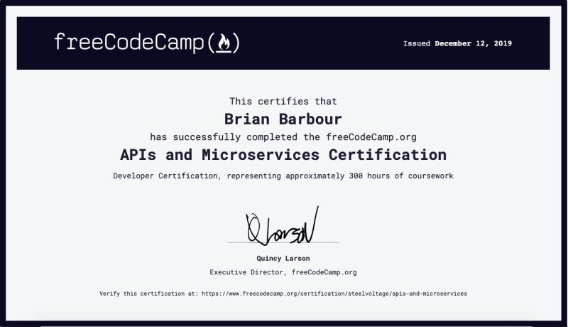 Brian Barbour on LinkedIn: #freecodecamp #certifications #nodejs # ... Brian Barbour on LinkedIn: #freecodecamp #certifications #nodejs # ...
