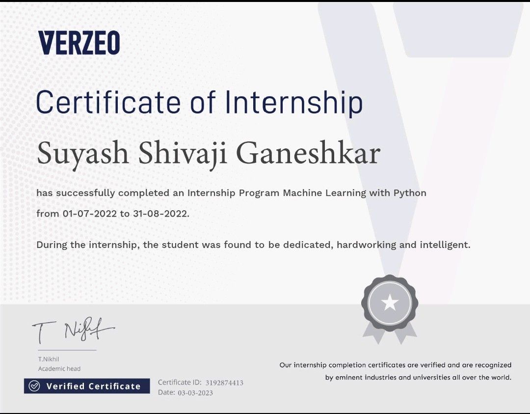 Suyash Ganeshkar on LinkedIn: #machinelearning #internship #python Suyash Ganeshkar on LinkedIn: #machinelearning #internship #python