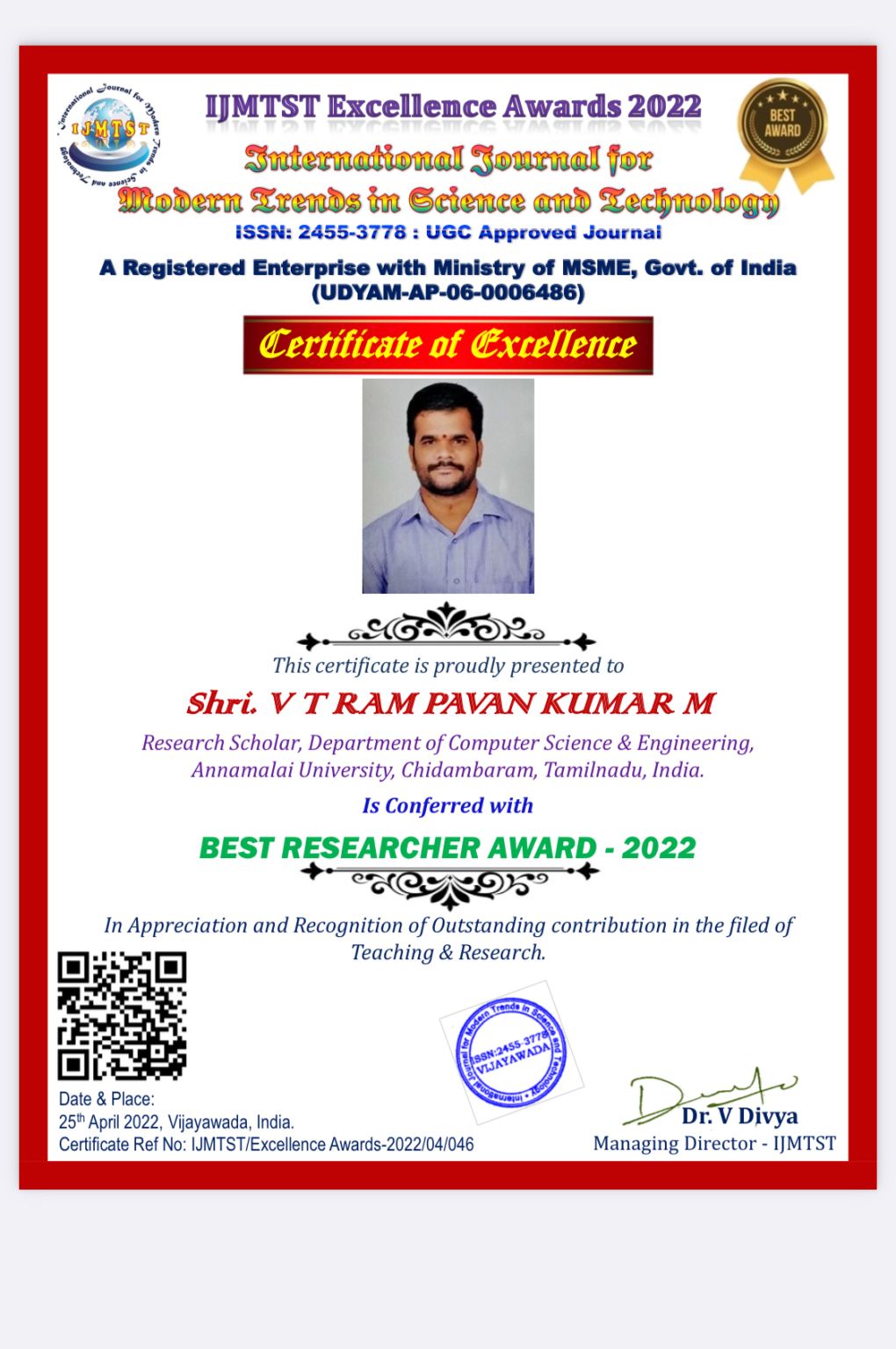 Dr. V T Ram Pavan Kumar on LinkedIn: Award 🥇 Dr. V T Ram Pavan Kumar on LinkedIn: Award 🥇