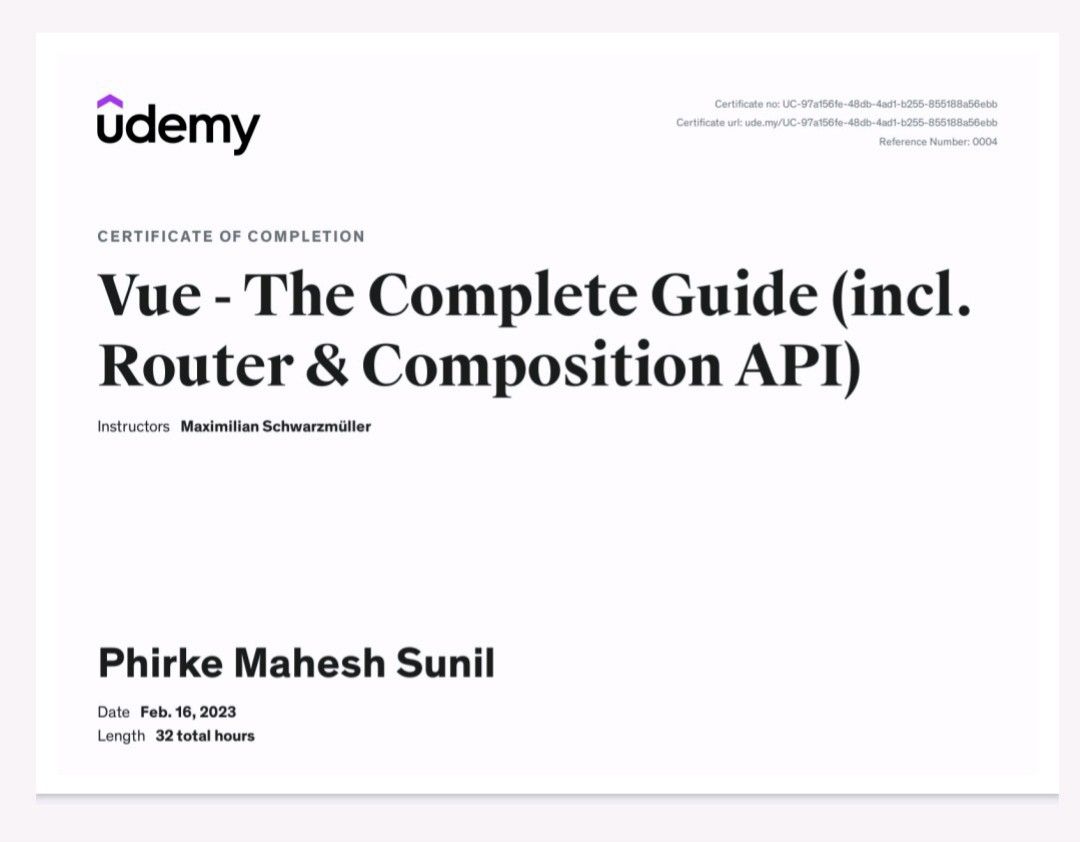 #vuejs #udemy #certificationcourse #webdevelopment | Mahesh Phirke. #vuejs #udemy #certificationcourse #webdevelopment | Mahesh Phirke.