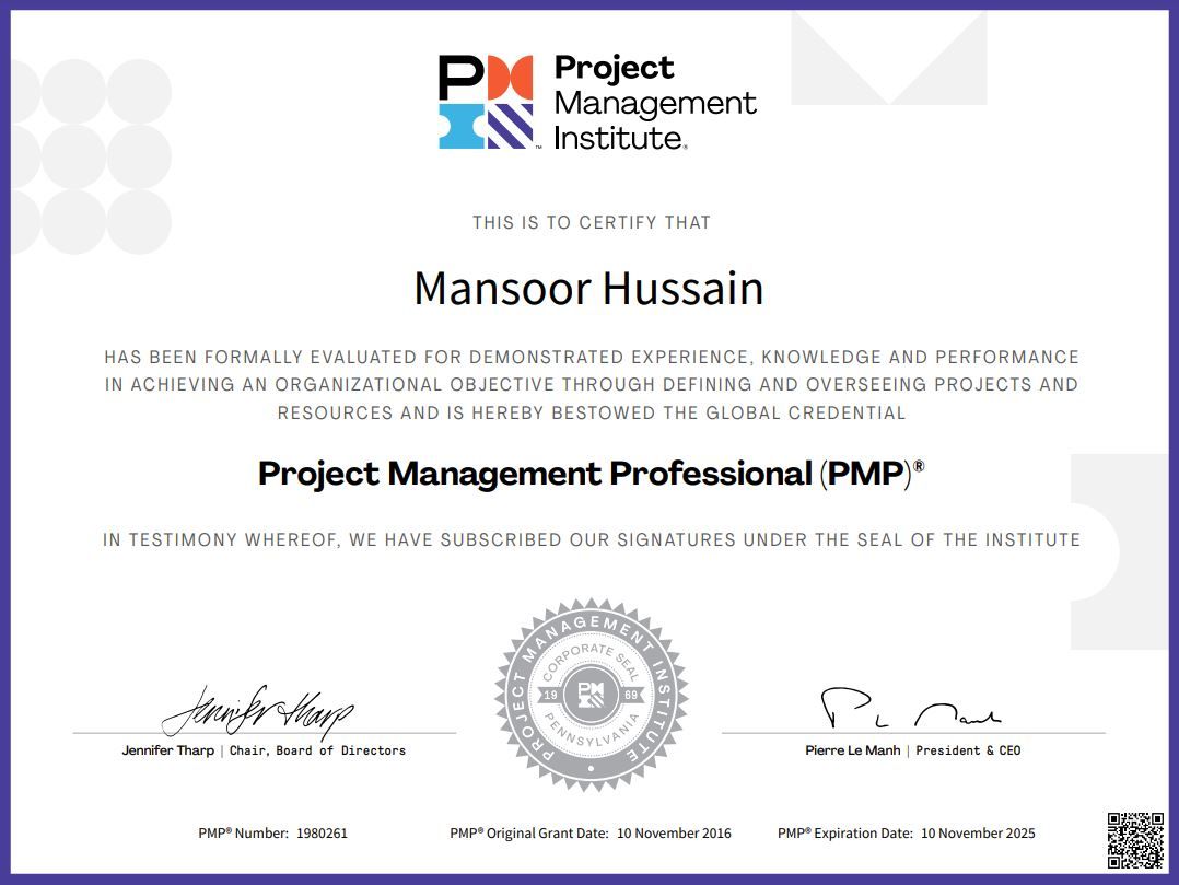 Mansoor Hussain PMI(PMP,ACP), MBA,B.E on LinkedIn: I was able to renew ... Mansoor Hussain PMI(PMP,ACP), MBA,B.E on LinkedIn: I was able to renew ...