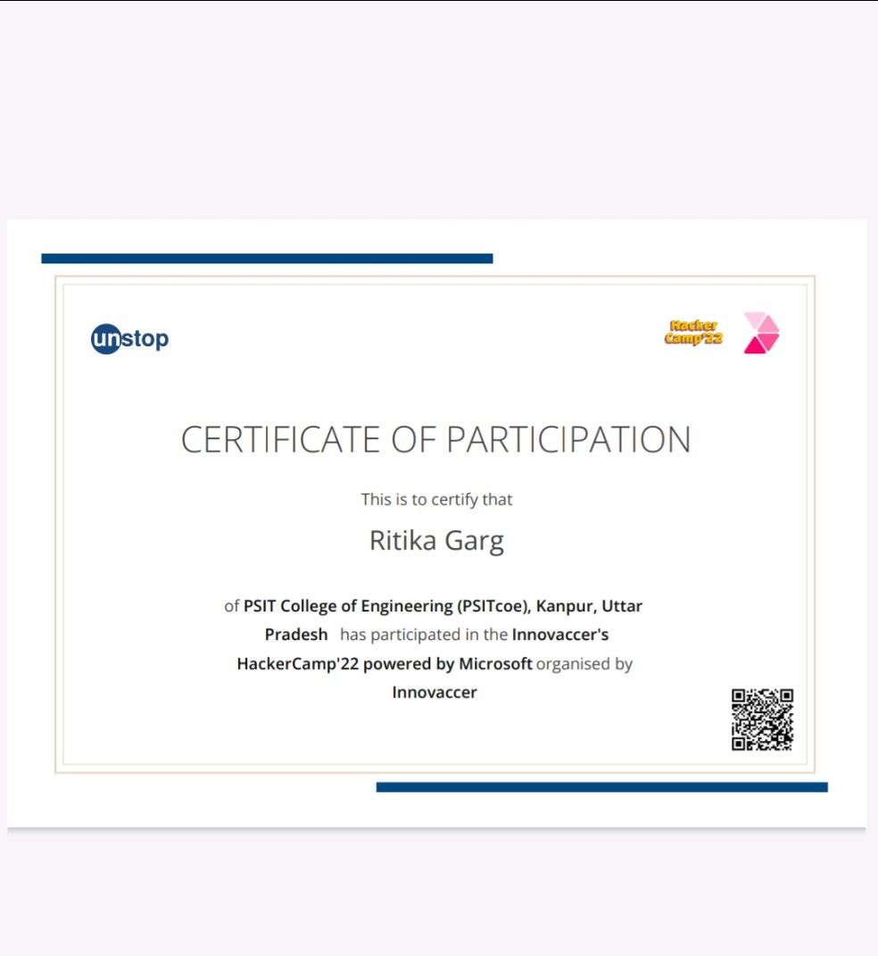 My certificate of participation in innovaccer hackercamp 22 🥳 | Ritika Garg My certificate of participation in innovaccer hackercamp 22 🥳 | Ritika Garg