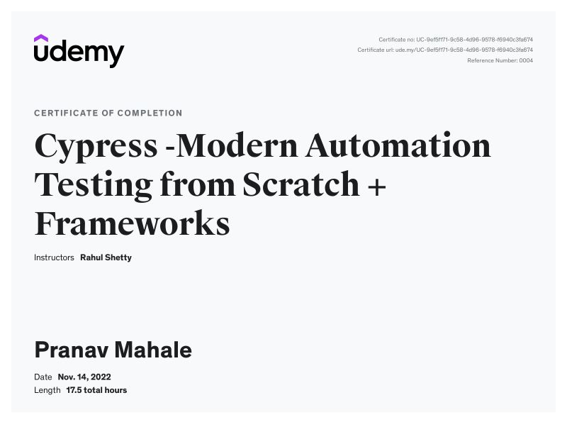 Pranav Mahale ISTQB®_SDET Automation on LinkedIn: #udemy #cypress # ... Pranav Mahale ISTQB®_SDET Automation on LinkedIn: #udemy #cypress # ...