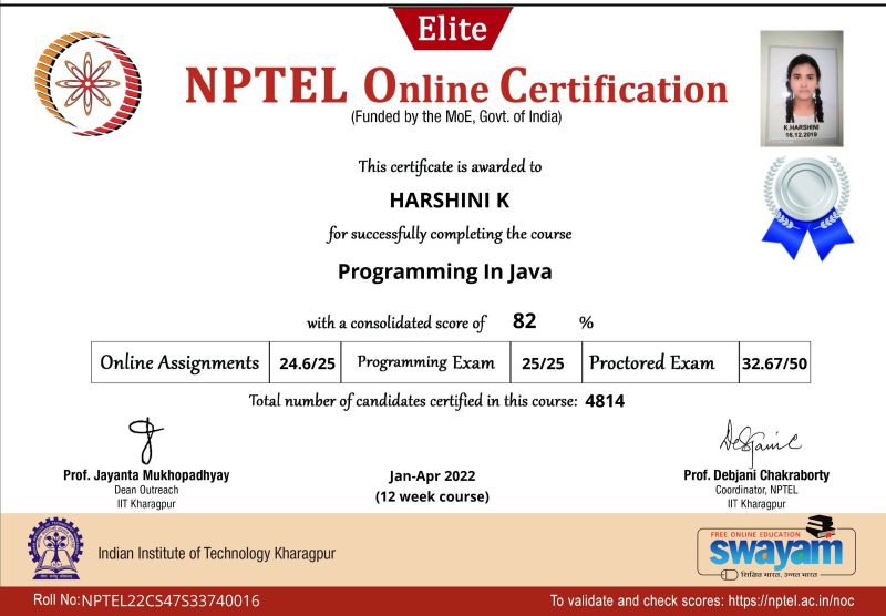 Harshini K on LinkedIn: #nptel #programming #java #elite #12week Harshini K on LinkedIn: #nptel #programming #java #elite #12week