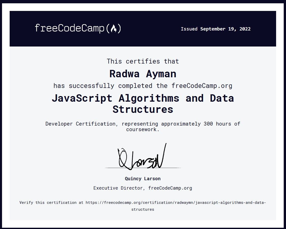 Radwa Ayman on LinkedIn: I just earned the JavaScript Algorithms and ... Radwa Ayman on LinkedIn: I just earned the JavaScript Algorithms and ...