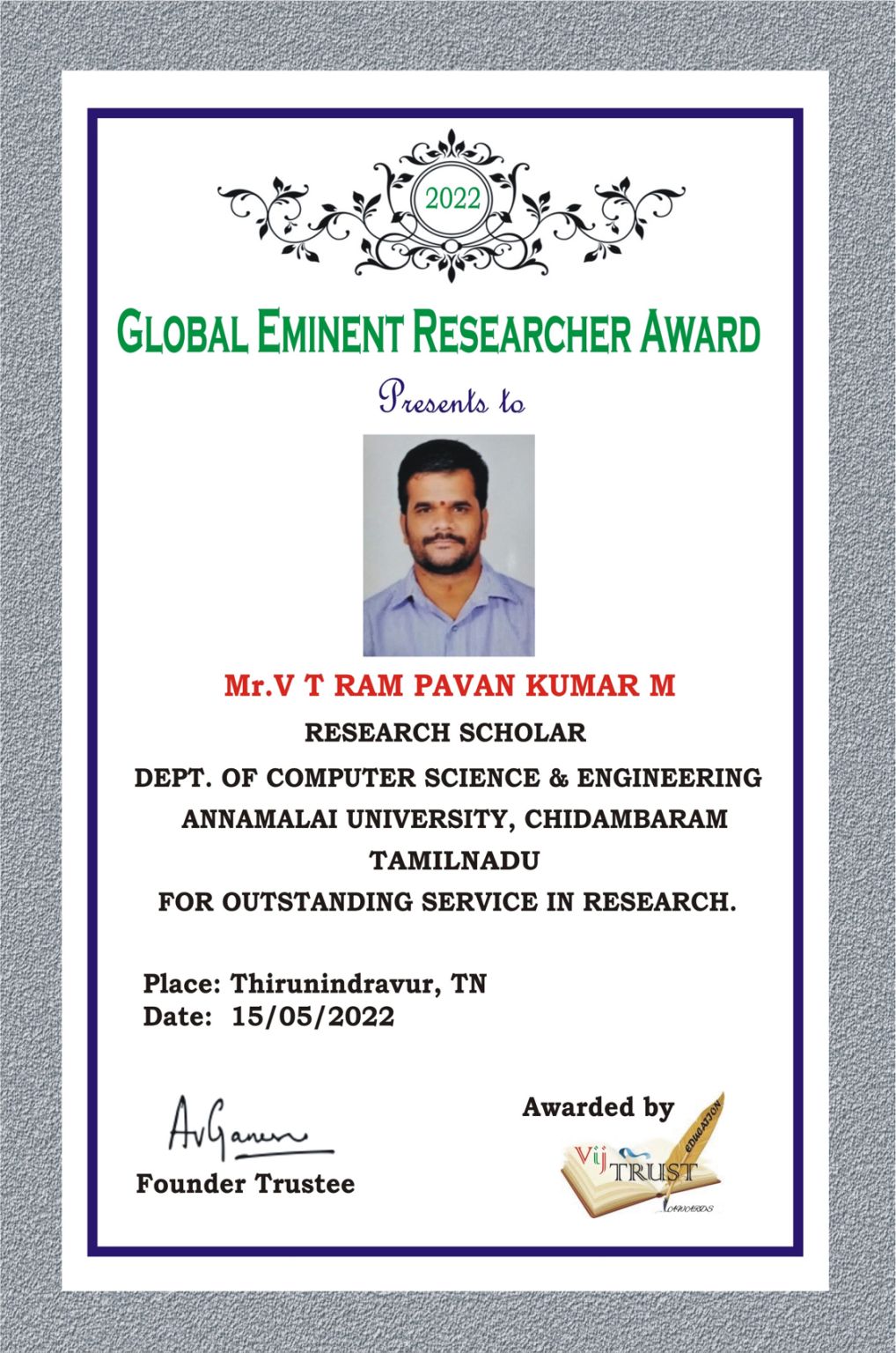 Dr. V T Ram Pavan Kumar on LinkedIn: Award 📖 Dr. V T Ram Pavan Kumar on LinkedIn: Award 📖