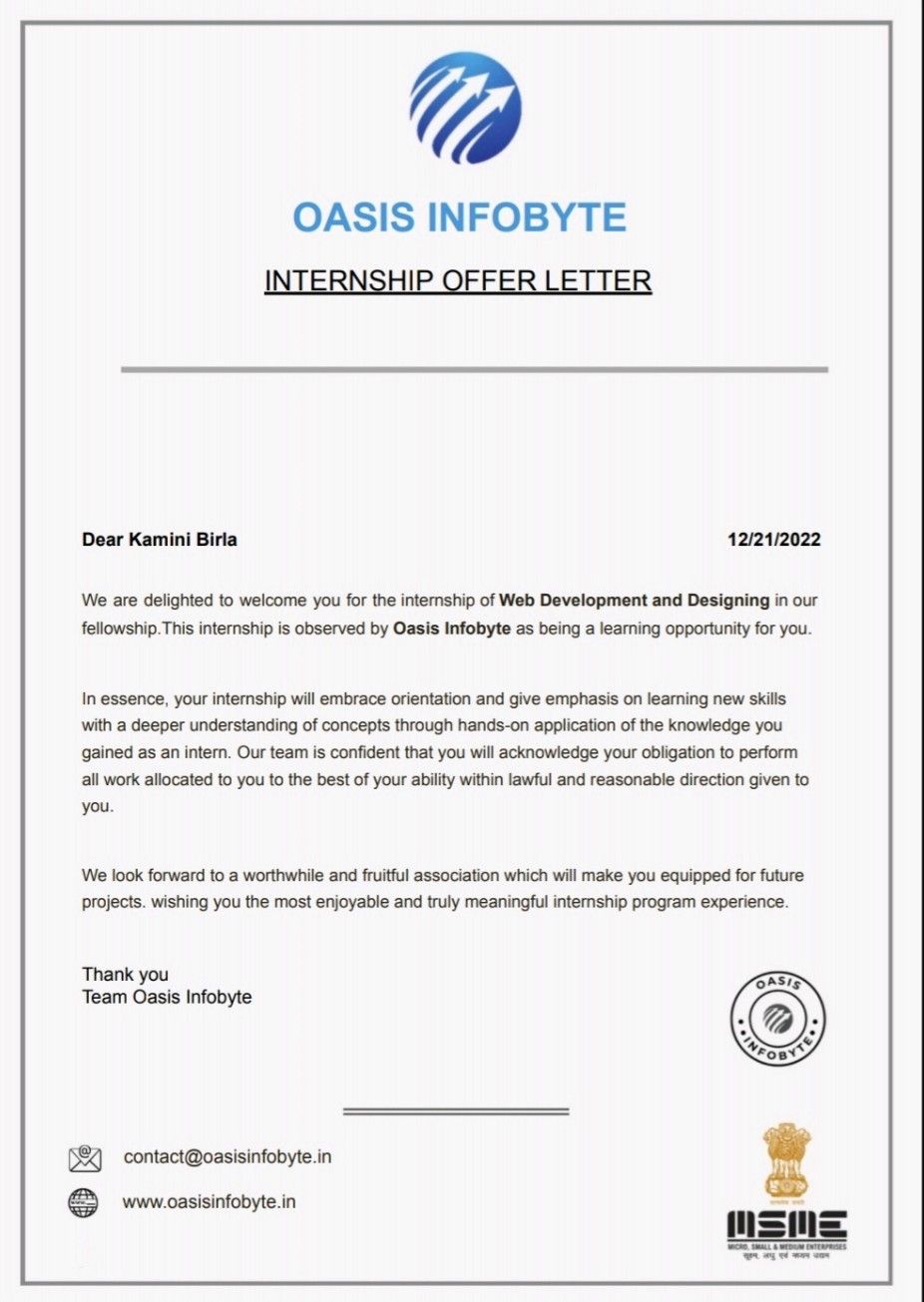 Kamini Birla on LinkedIn: #oasisinfobyte #oasisinfobyte #internship # ... Kamini Birla on LinkedIn: #oasisinfobyte #oasisinfobyte #internship # ...