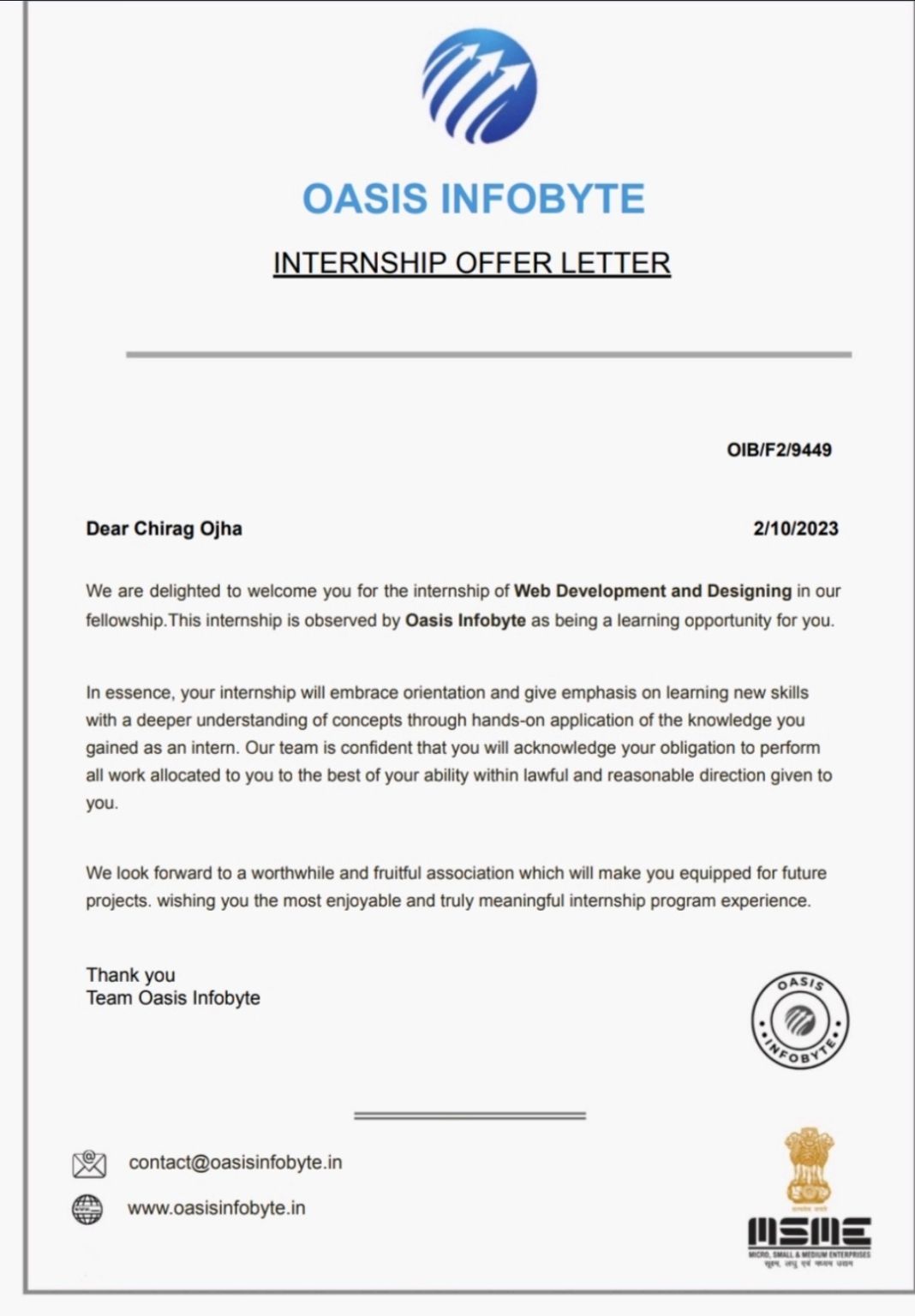 Chirag Ojha on LinkedIn: #oasisinfobyte #internship2023 #offerletter # ... Chirag Ojha on LinkedIn: #oasisinfobyte #internship2023 #offerletter # ...