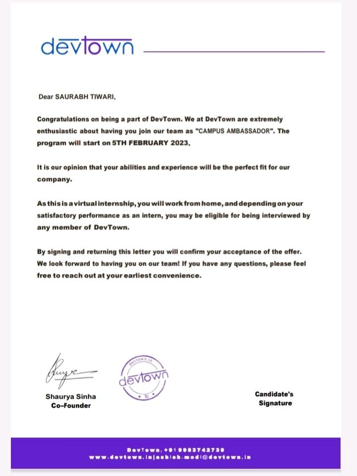 Saurabh Tiwari on LinkedIn: Offer letter from Devtown on being chosen ... Saurabh Tiwari on LinkedIn: Offer letter from Devtown on being chosen ...