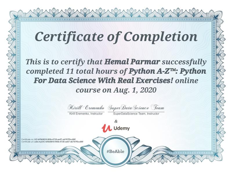 Hemal Parmar on LinkedIn: #udemy #python #certificate Hemal Parmar on LinkedIn: #udemy #python #certificate