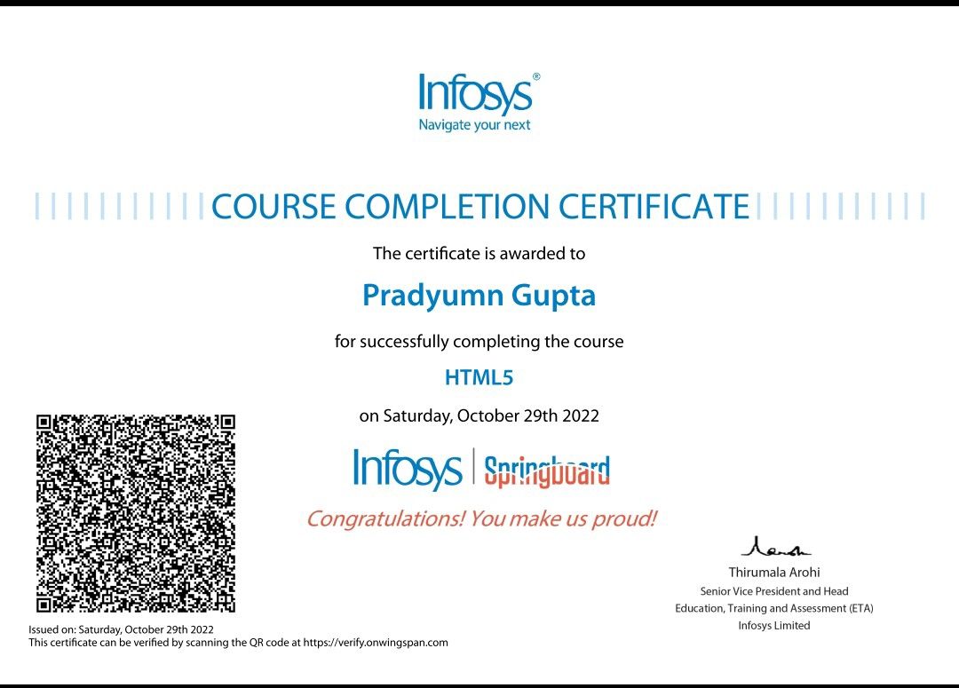 #html #infosysspringboard #certificate | Pradyumn Gupta #html #infosysspringboard #certificate | Pradyumn Gupta