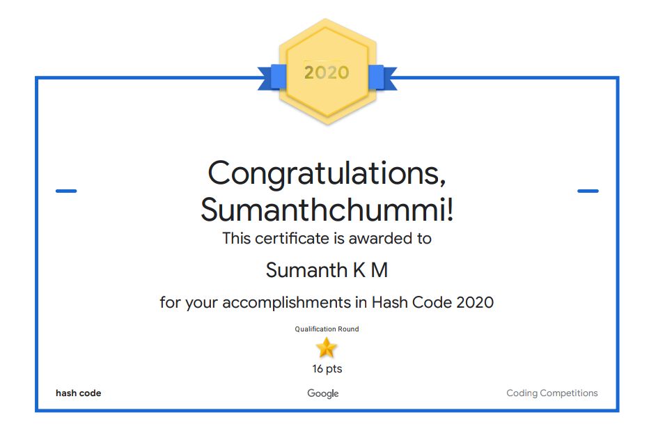 Sumanth K M on LinkedIn: #google #hashcode2020 Sumanth K M on LinkedIn: #google #hashcode2020