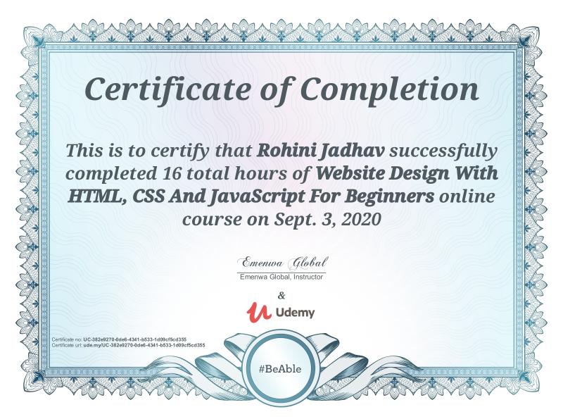 #udemy #certificate #javascript #html #css #keeplearning | Rohini Jadhav #udemy #certificate #javascript #html #css #keeplearning | Rohini Jadhav