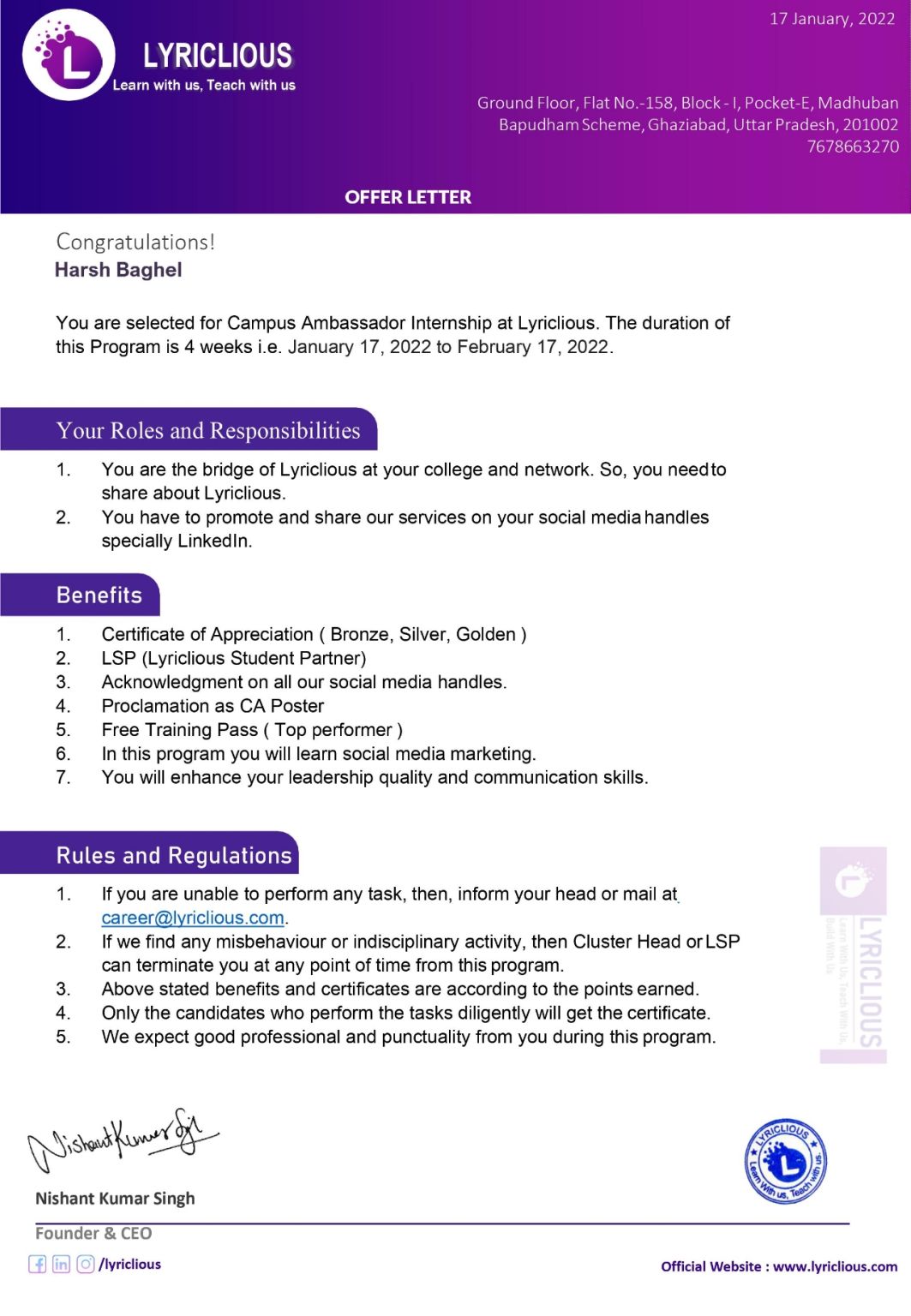 Harsh Baghel on LinkedIn: #internship #lyriclious Harsh Baghel on LinkedIn: #internship #lyriclious
