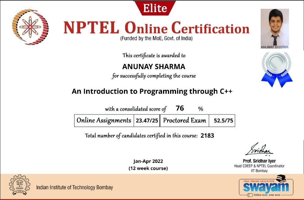 Anunay Sharma on LinkedIn: #nptel #iitbombay #programming Anunay Sharma on LinkedIn: #nptel #iitbombay #programming