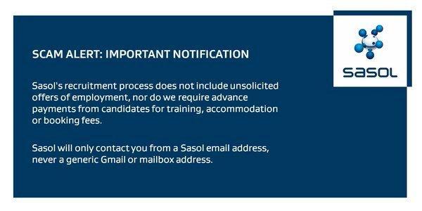 Sasol on LinkedIn: SCAM ALERT - we will never advertise vacancies on ... Sasol on LinkedIn: SCAM ALERT - we will never advertise vacancies on ...