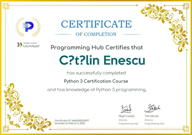 Catalin Alexandru Enescu on LinkedIn: #python3 #certification # ... Catalin Alexandru Enescu on LinkedIn: #python3 #certification # ...