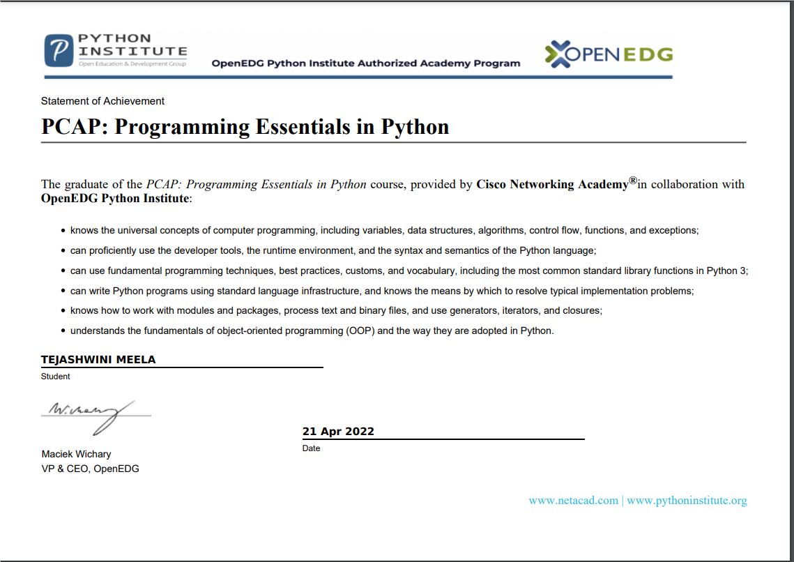 #pythonprogramming #python #ace #cisco #engineering | Tejashwini Meela #pythonprogramming #python #ace #cisco #engineering | Tejashwini Meela