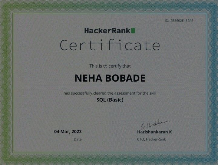 Neha Bobade on LinkedIn: #sql #hackerrank #certificate #achievement # ... Neha Bobade on LinkedIn: #sql #hackerrank #certificate #achievement # ...