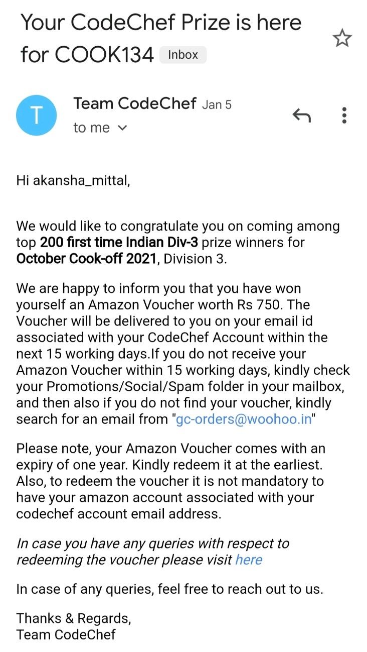 #codechef #prize | Akansha Mittal | 22 comments #codechef #prize | Akansha Mittal | 22 comments