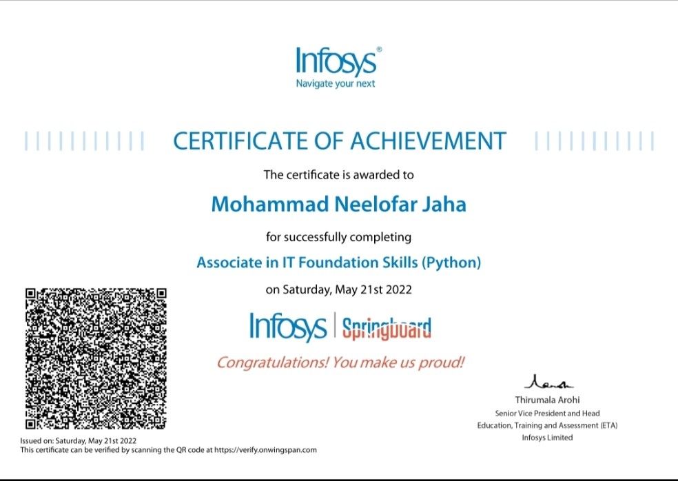 Mohammad Neelofar Jaha on LinkedIn: #python #infosysspringboard Mohammad Neelofar Jaha on LinkedIn: #python #infosysspringboard