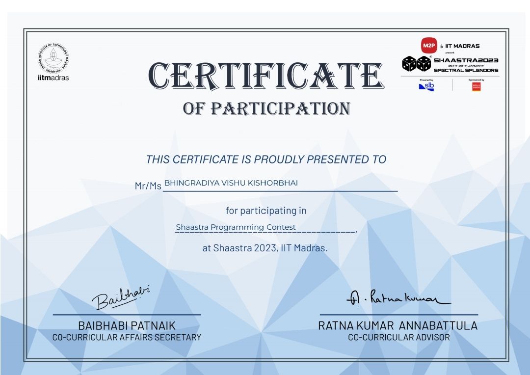 Vishu K.bhingradiya on LinkedIn: #iitmadras #shashtra #programming Vishu K.bhingradiya on LinkedIn: #iitmadras #shashtra #programming