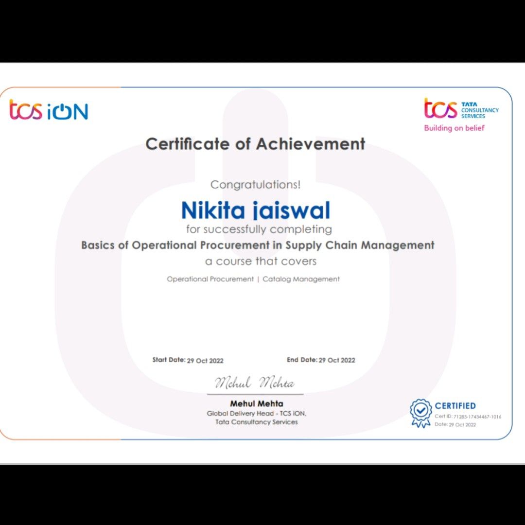 Nikita Jaiswal on LinkedIn: #tcsion #certificateofachievement #managing Nikita Jaiswal on LinkedIn: #tcsion #certificateofachievement #managing