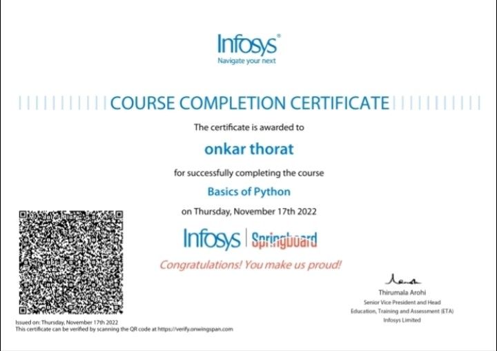 Onkar Thorat on LinkedIn: #completed #basicsofpython #infosysspringboard Onkar Thorat on LinkedIn: #completed #basicsofpython #infosysspringboard