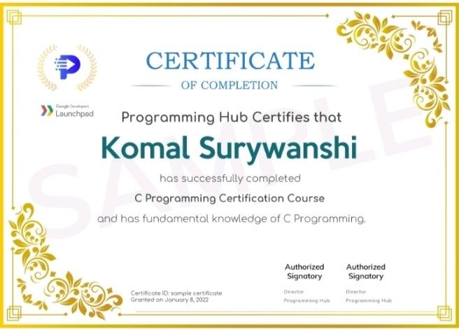 Komal Suryawanshi on LinkedIn: my c programming completion certificate.. Komal Suryawanshi on LinkedIn: my c programming completion certificate..