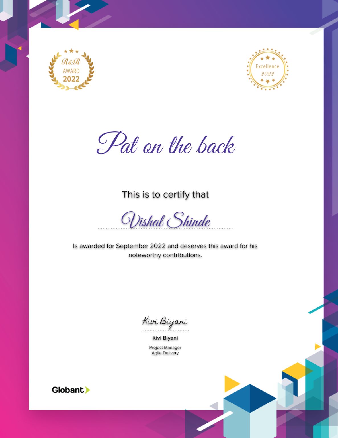 Vishal Shinde on LinkedIn: #patontheback #appreciation #thankyouglobant Vishal Shinde on LinkedIn: #patontheback #appreciation #thankyouglobant