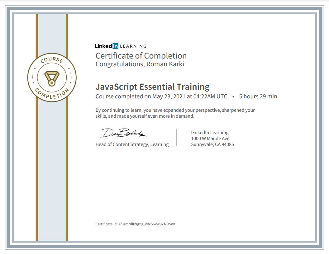 Roman Karki on LinkedIn: Went through the LinkedIn JavaScript Essential ... Roman Karki on LinkedIn: Went through the LinkedIn JavaScript Essential ...