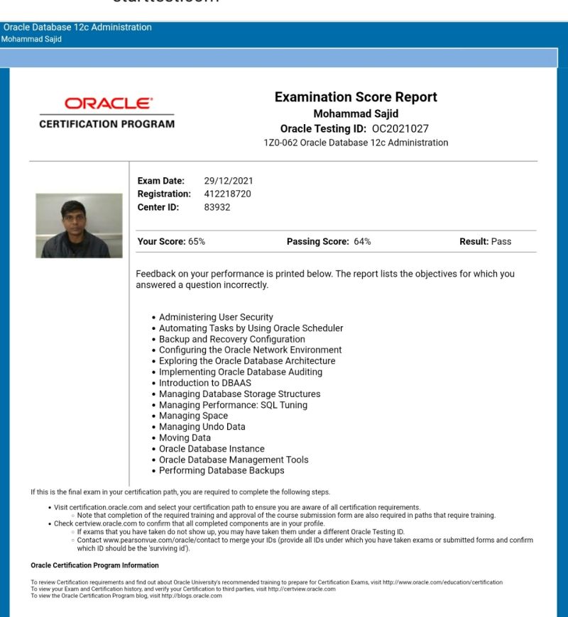 Mohammad Sajid on LinkedIn: Oracle DBA 12C Certification (OCA) passed. Mohammad Sajid on LinkedIn: Oracle DBA 12C Certification (OCA) passed.