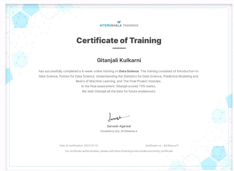 Gitanjali Kulkarni on LinkedIn: #internshala #datascience #internship # ... Gitanjali Kulkarni on LinkedIn: #internshala #datascience #internship # ...