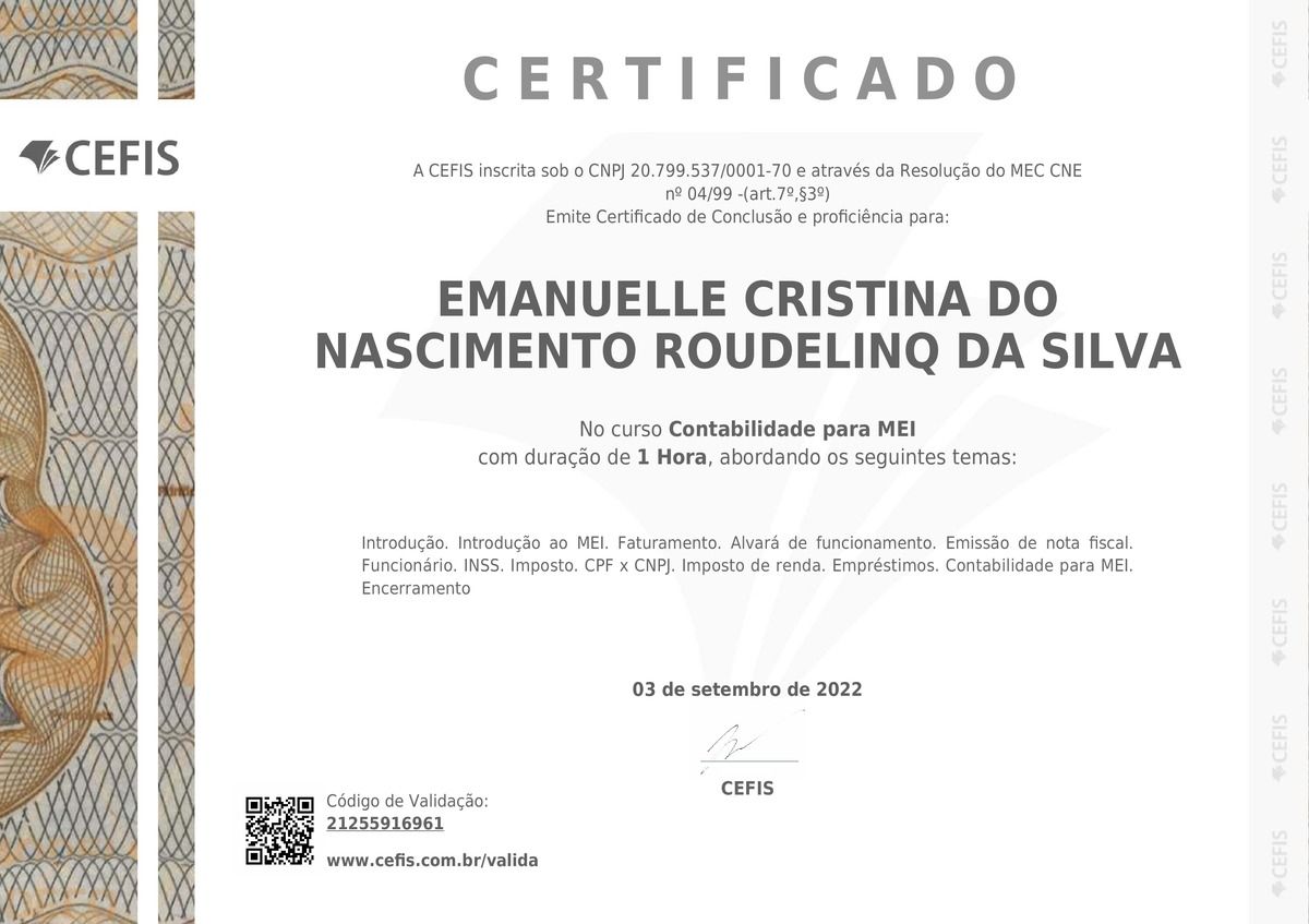 Conquistei mais um certificado na CEFIS! | Emanuelle Roudelinq Conquistei mais um certificado na CEFIS! | Emanuelle Roudelinq